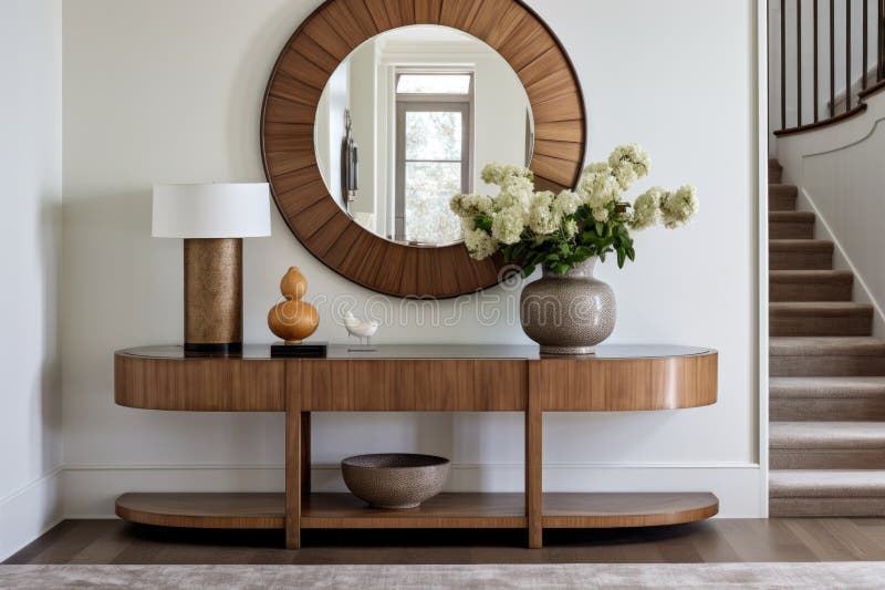 Entryway with a Console Table and a Large Round Mirror Stock Image ...