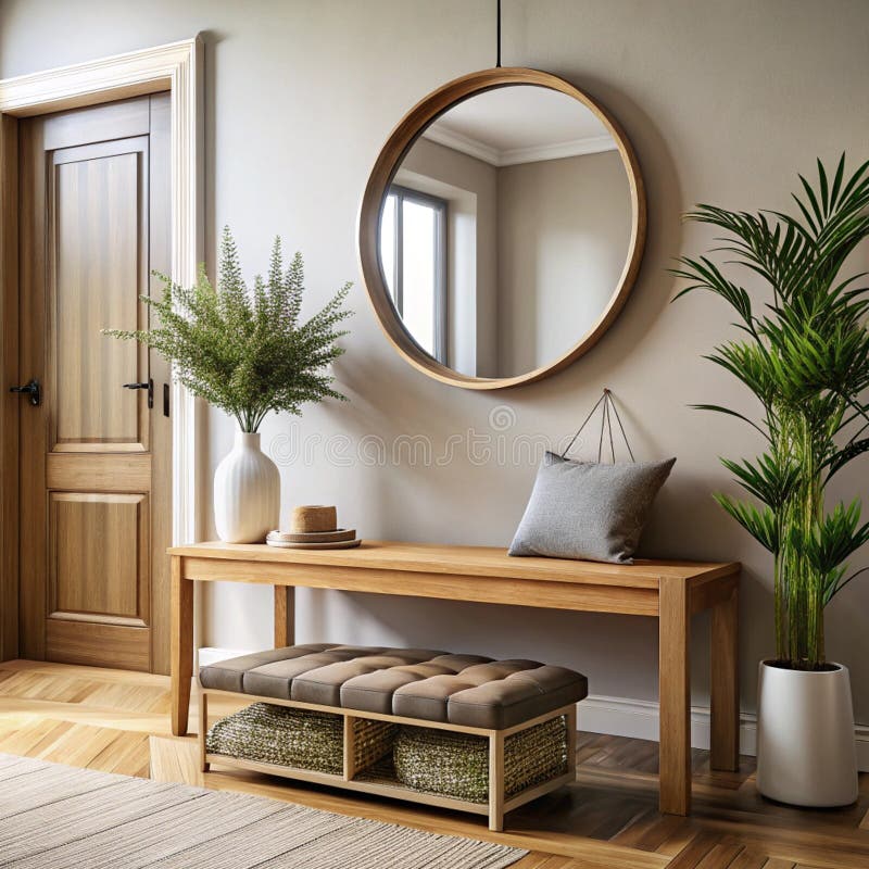 Entryway with a Wooden Bench, Round Mirror, and Plants Stock ...