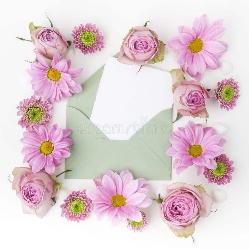 Envelop with Pink Flowers Frame. Flat Lay. Top View Stock Photo - Image ...