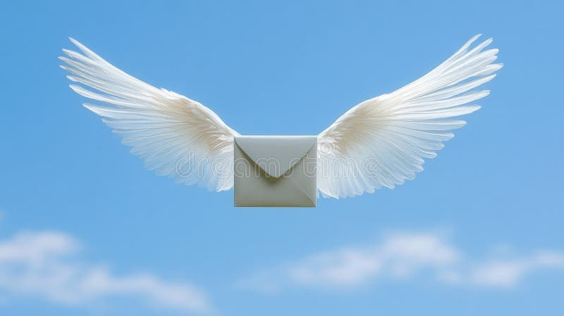 Envelope with Angel Wings Flying in Blue Sky, Symbolic Message Delivery ...