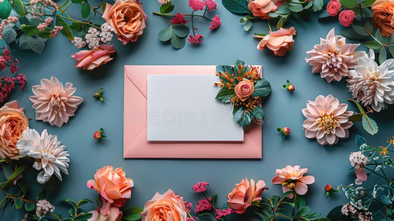 Envelope with Blank Card in Flowers Frame Banner Background Copy Space ...