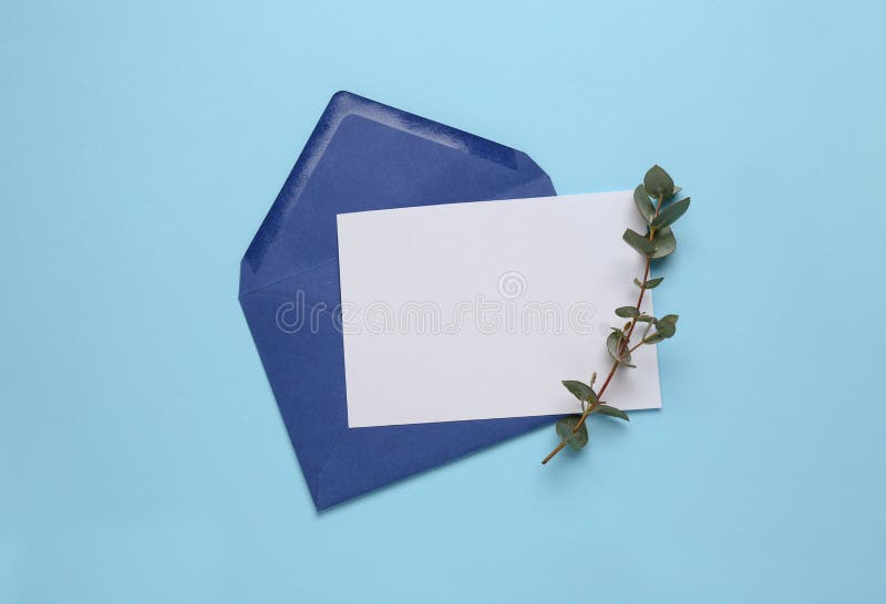 Envelope with Blank Letter and Branch of Eucalyptus on Light Blue ...