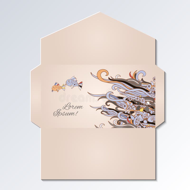 Envelope Design with Hand Drawn Birds and Abstract Waves Drawing. Stock ...