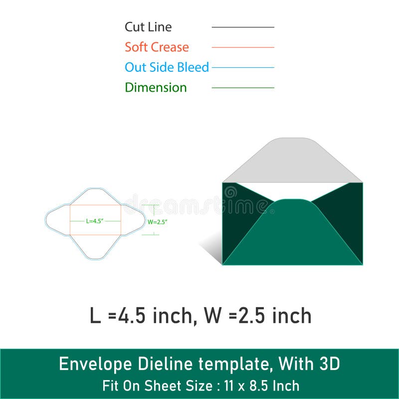 Envelope Die Line Template and 3D, Size 4.5x2 Stock Vector ...
