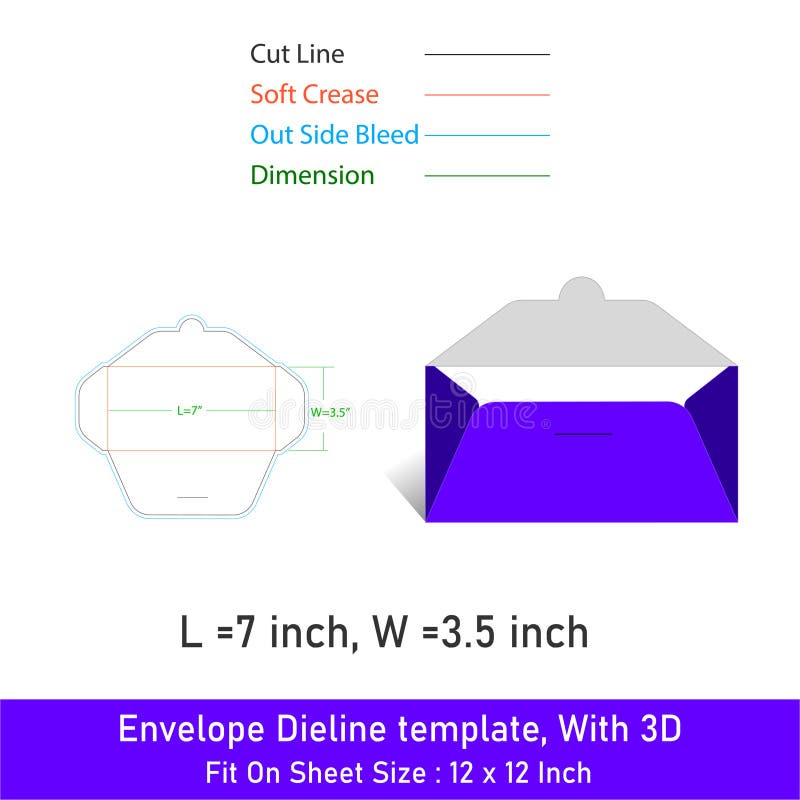 Envelope Die Line Template, with 3D, Size 7x3.5 Inch Stock Vector ...