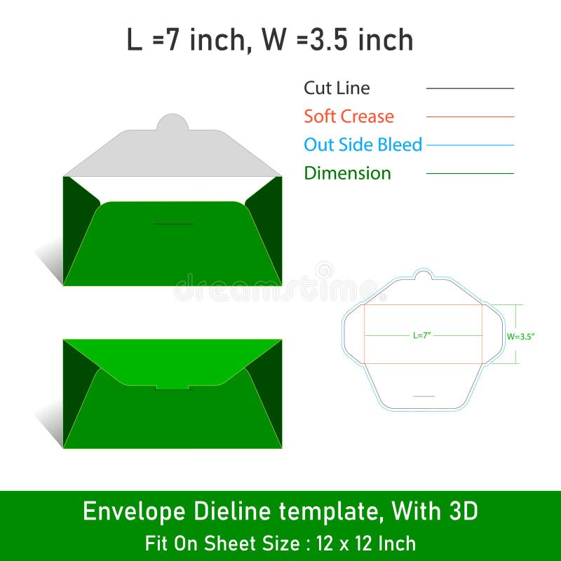 Envelope Die Line Template, with 3D, Size 7x3.5 Inch Stock Vector ...