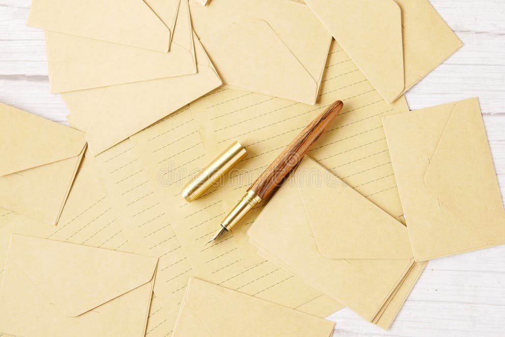 Envelope , Empty Paper and Fountain Pen on Table Stock Image - Image of ...