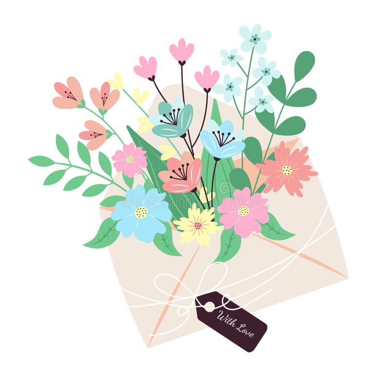 Envelope with Flowers and Label "with Love". Floral Composition in ...