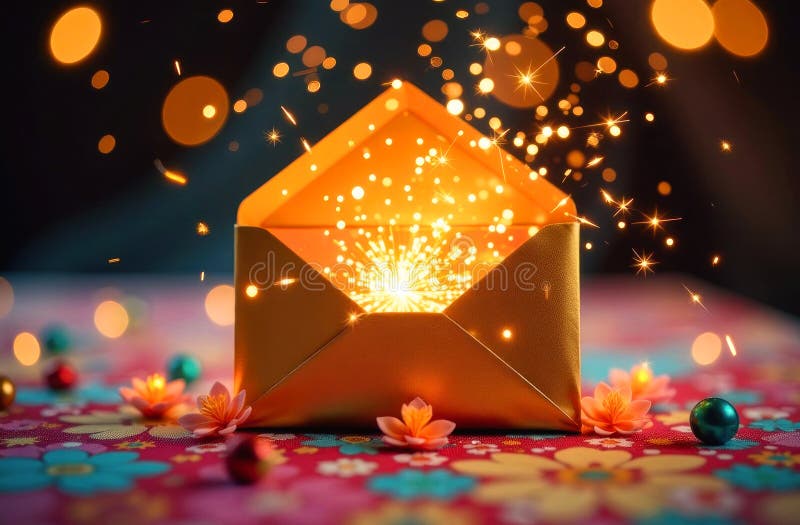 An Envelope Glows with Sparkling Lights and Colors, Surrounded by ...