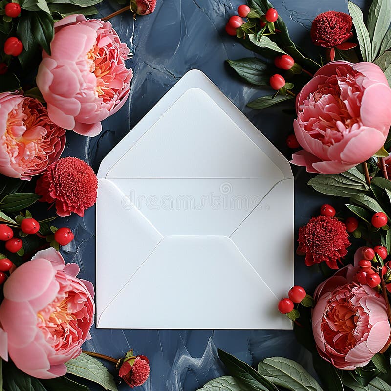 Envelope Liner Styled Photo Mock-up, Template, with Peony Flowers Stock ...
