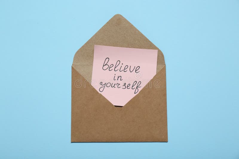 Envelope with Message Believe in Yourself on Light Blue Background, Top ...