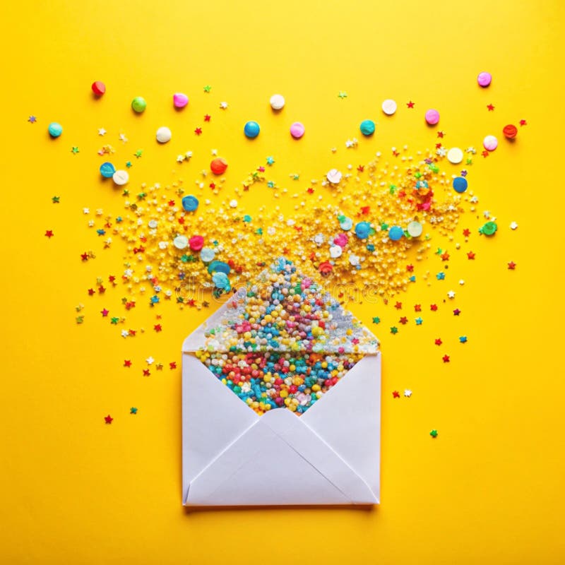 Envelope with Party Confetti Explosion on Yellow Background. Invitation ...
