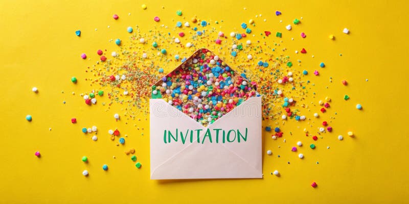 Envelope with Party Confetti Explosion on Yellow Background. Invitation ...