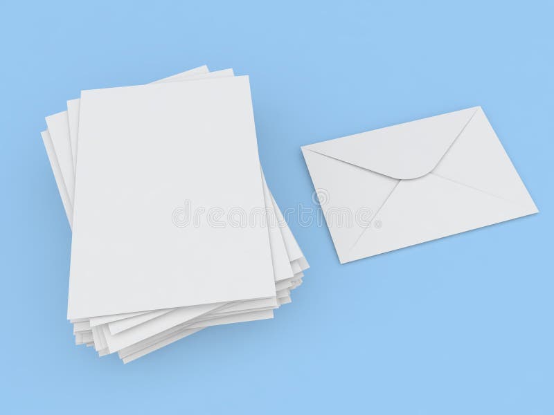 Envelope and a Stack of A4 Papers on a Blue Background. Stock ...