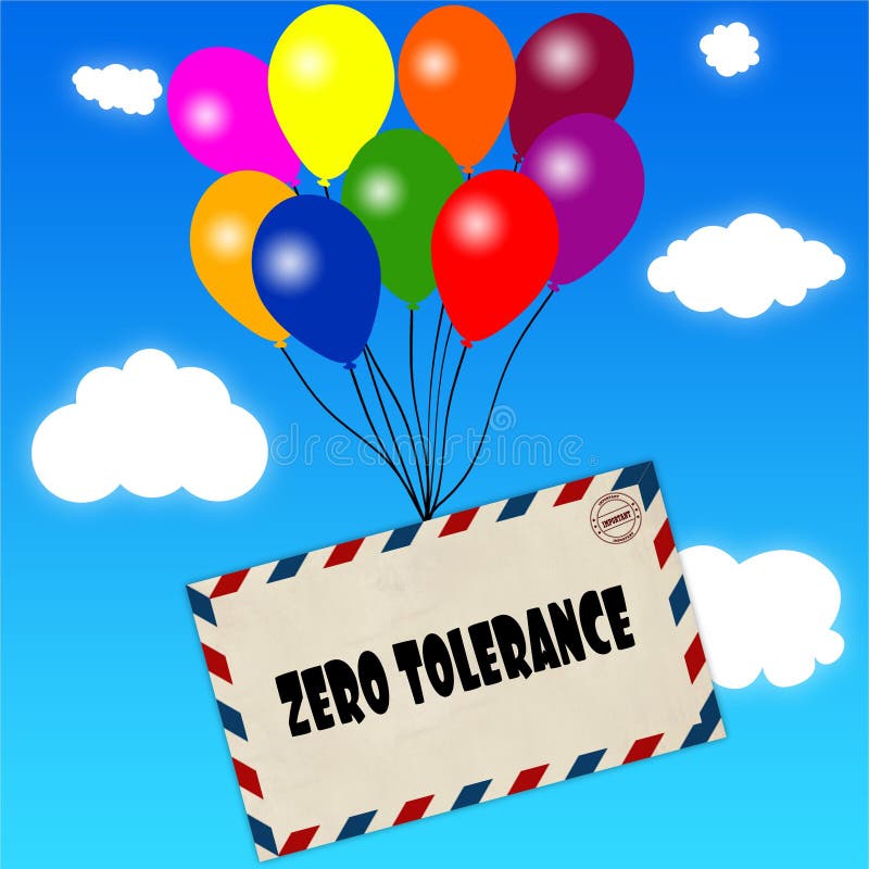 ZERO TOLERANCE on Envelope Pulled by Coloured Balloons on White ...