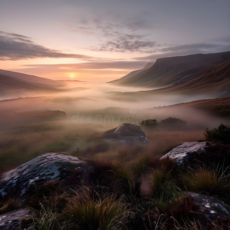 Enveloped in Mist: a Highland Morning Reverie Stock Illustration ...