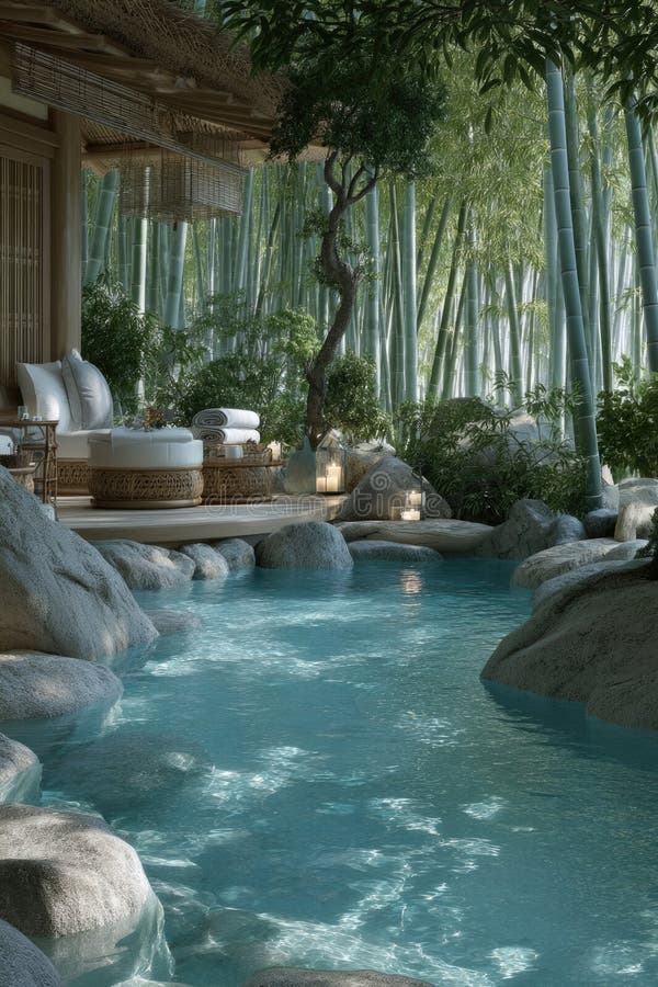 Enveloped by Tall Bamboo, a Calming Bath Area Features Smooth Rocks and ...