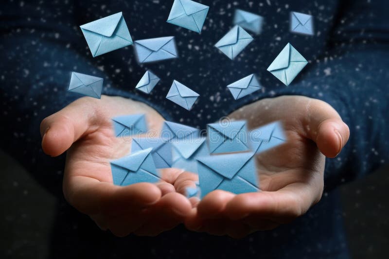 Envelopes Floating Above Open Hands Stock Illustration - Illustration ...