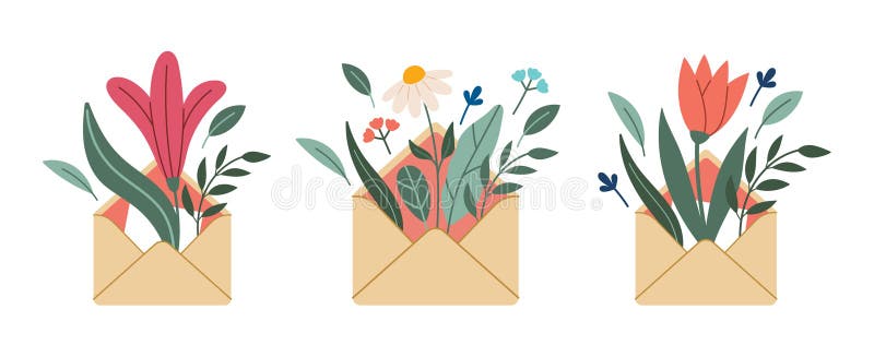 Envelopes with Flowers and Herbs Set. Hello Spring Concept. Summer ...