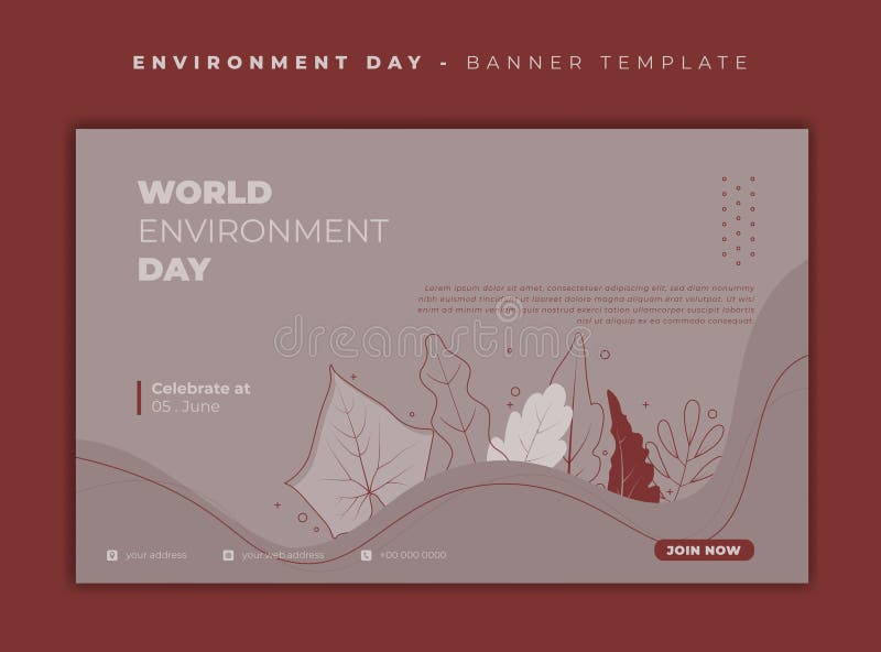 Environment Day Template Design with Simple Line Art of Leaves in Red ...