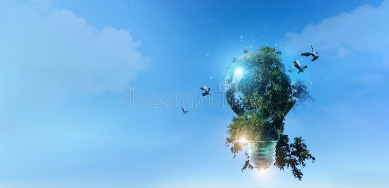 .Environment Friendly, Light Bulb with Green Tree and Birds Fly of ...