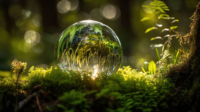 Environment. Glass Globe on Grass Moss in Forest - Green Planet with ...