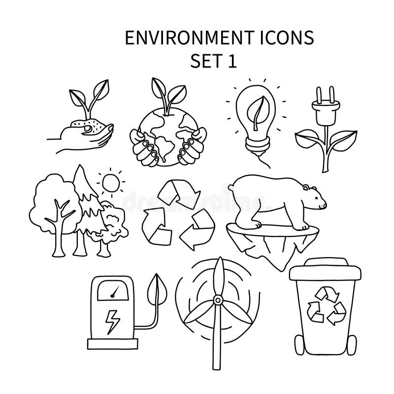 Environment Icons Set 1 Cute Cartoon Doodle Style Illustration Stock ...