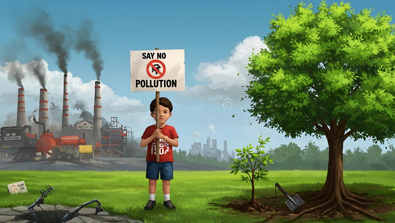Environmental Awareness Child Protesting Pollution in Illustration ...