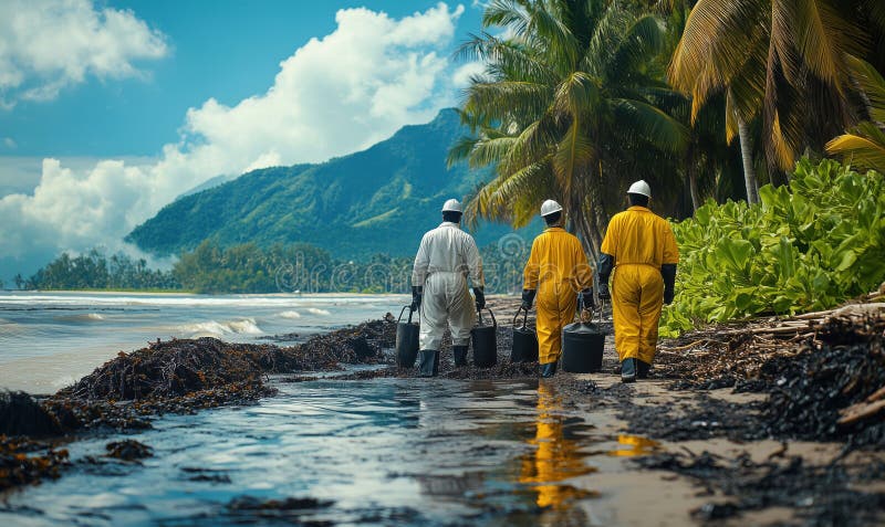 Environmental Cleanup Efforts Polluted Beach Workers Protective Gear ...