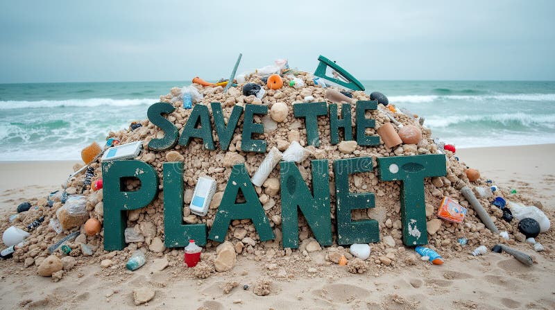 Save the Planet Message on Beach Amidst Garbage Pile Stock Illustration ...