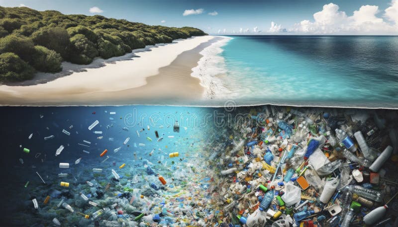 Environmental Contrast: Clean Beach and Plastic Pollution Stock Image ...