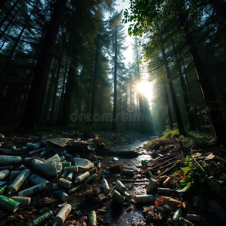 Polluted Forest with Garbage and Sunbeams in the Morning. Stock Illustration - Illustration of ...