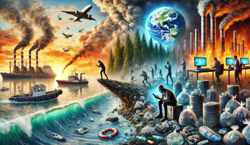 Environmental Destruction and Technology Impact Vector Illustration ...