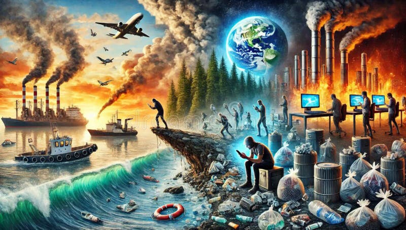 Environmental Destruction and Technology Impact Vector Illustration ...