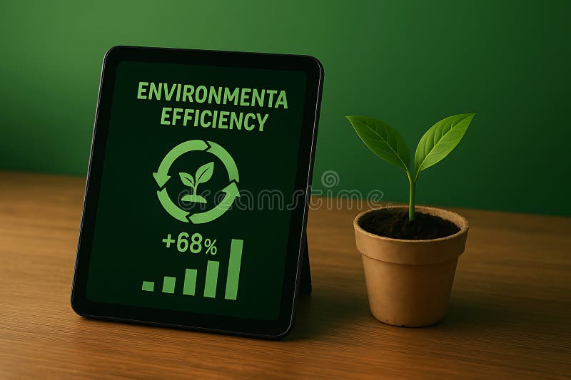 Environmental Efficiency Growth Shown on Tablet with Plant Stock ...