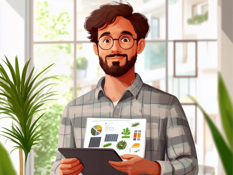 Environmental Engineer Holding Tablet and Report with Graphs and Plants ...