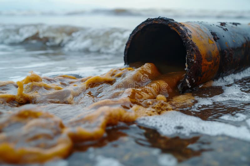 Polluted Beach Scene with Rusty Pipe and Foam Stock Photo - Image of ...