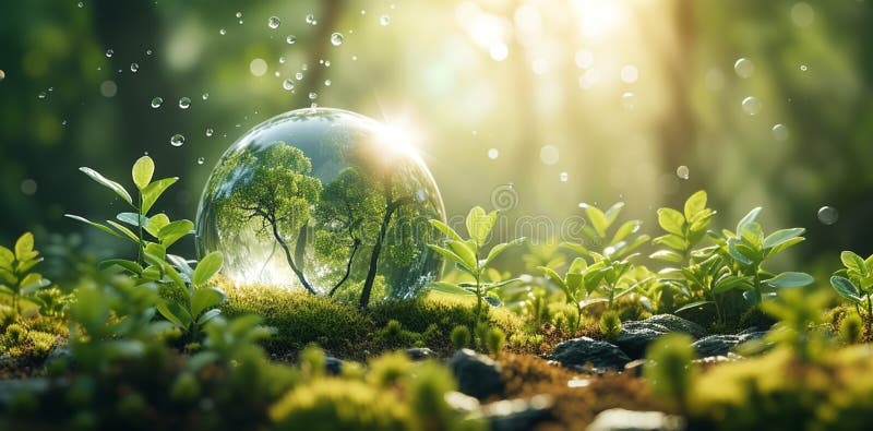 Environmental Harmony Glass Globe Surrounded by Vibrant Greenery and ...