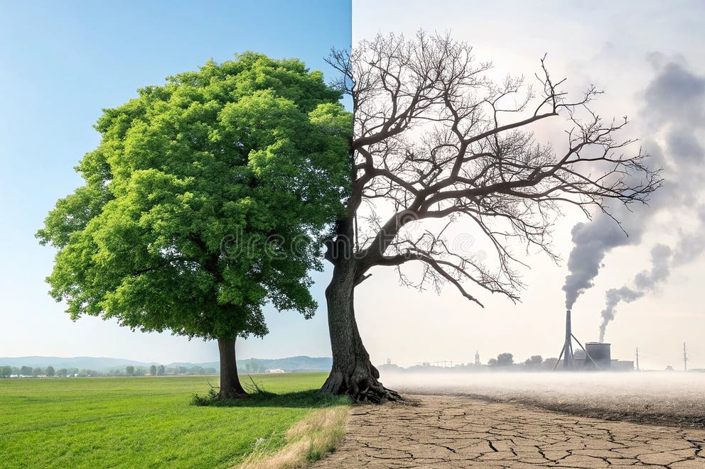 Environmental Impact Comparison of Vibrant Green Tree Vs. Stock ...