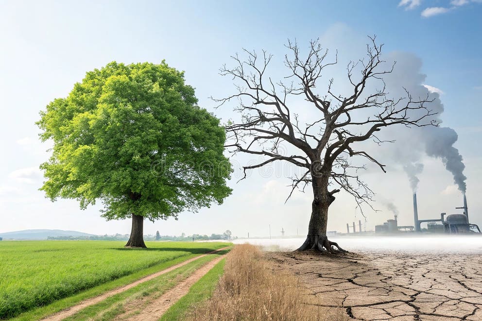 Environmental Impact Comparison of Vibrant Green Tree Vs. Stock ...