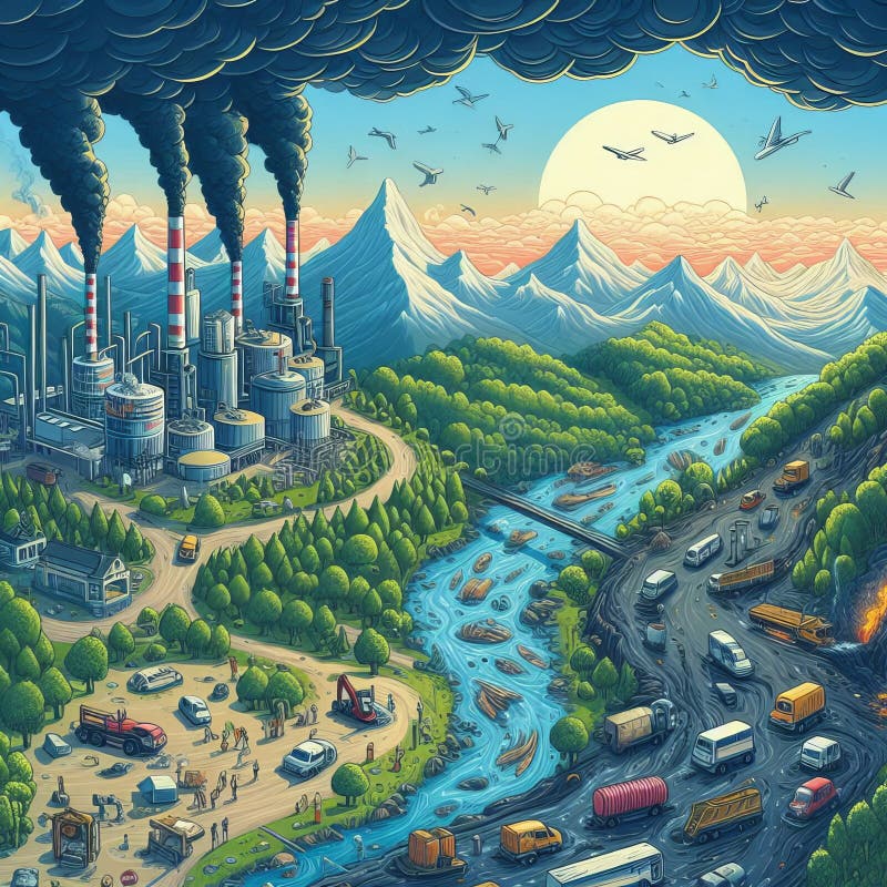 Environmental Impact Illustrations Show the Effects of Human Act Stock ...