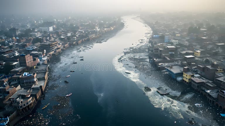 Environmental Impact, a Polluted River Flowing through a Crowded City ...