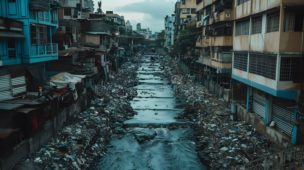 Environmental Impact, a Polluted River Flowing through a Crowded City ...
