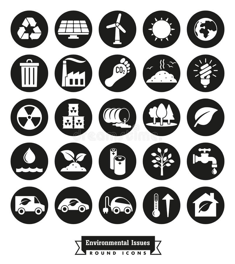 Environmental Issues Solid Round Icons Set Stock Vector - Illustration ...
