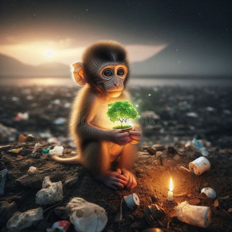 Environmental Message: Monkey, Tree, Pollution Stock Photo - Image of ...