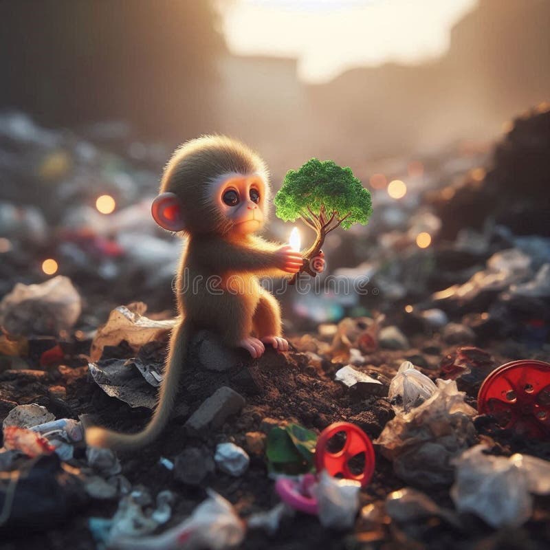 Environmental Message: Monkey, Tree, Pollution Stock Photo - Image of ...