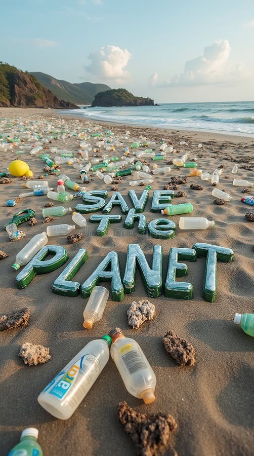 Environmental Message with Plastic Waste on Sandy Beach at Sunrise ...