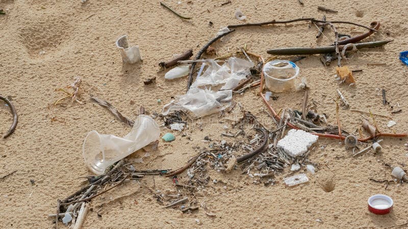 Garbage on sand beach stock image. Image of environment - 187480919