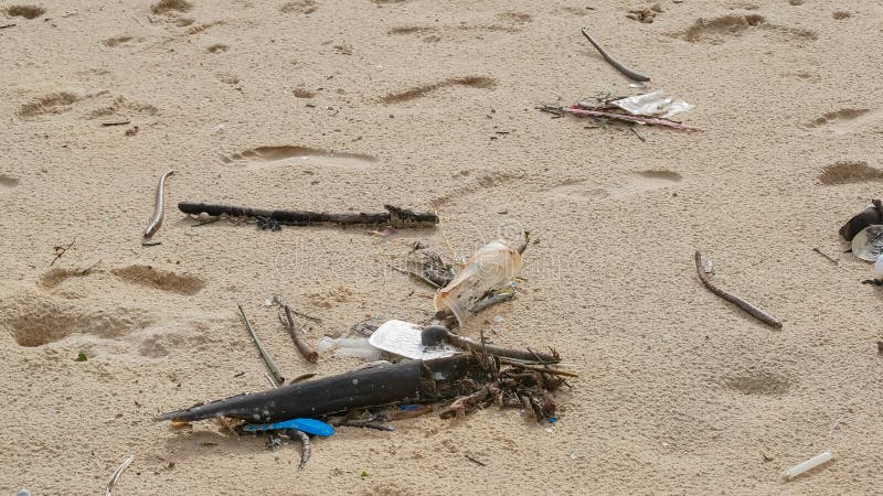 Garbage on sand beach stock image. Image of pile, heap - 187481321