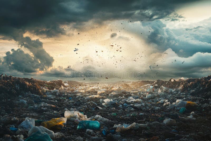 Environmental Pollution Impact with Trash and Debris Under Stormy Sky ...